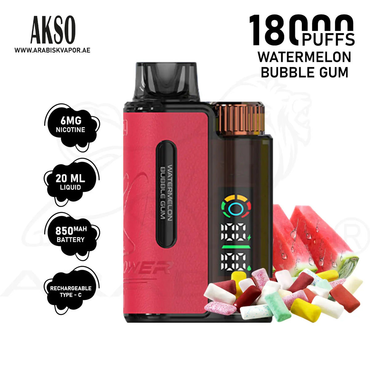 AKSO SUPA POWER DTL18000 PUFFS 6MG - WATERMELON BUBBLEGUM – Arabisk Vape