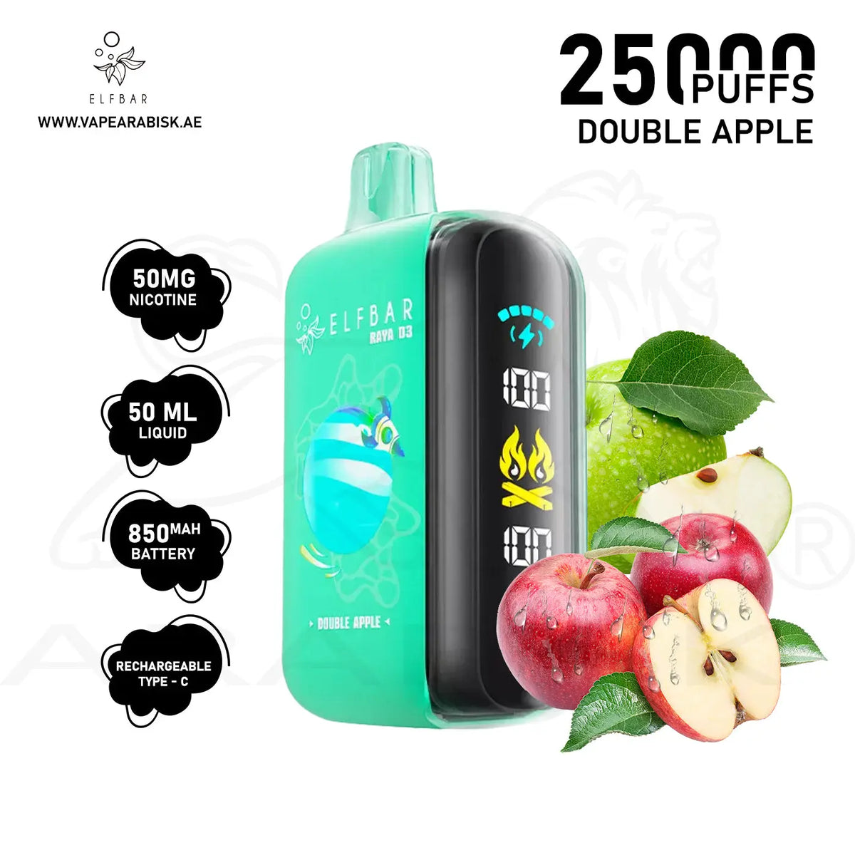 ELFBAR RAYA D3 25000 PUFFS 50MG - DOUBLE APPLE | DISPOSABLE DEVICES ...