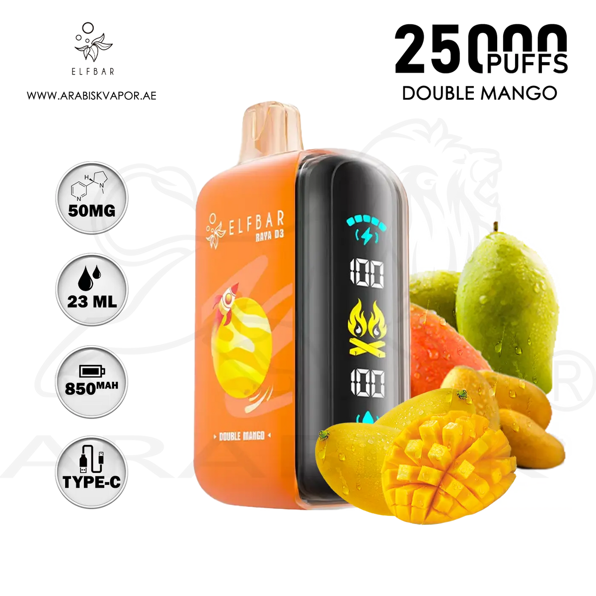 ELFBAR RAYA D3 25000 PUFFS 50MG - DOUBLE MANGO | DISPOSABLE DEVICES ...