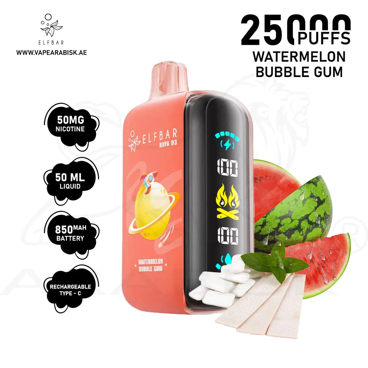 ELFBAR RAYA D3 25000 PUFFS 50MG - WATERMELON BUBBLEGUM – Arabisk Vape