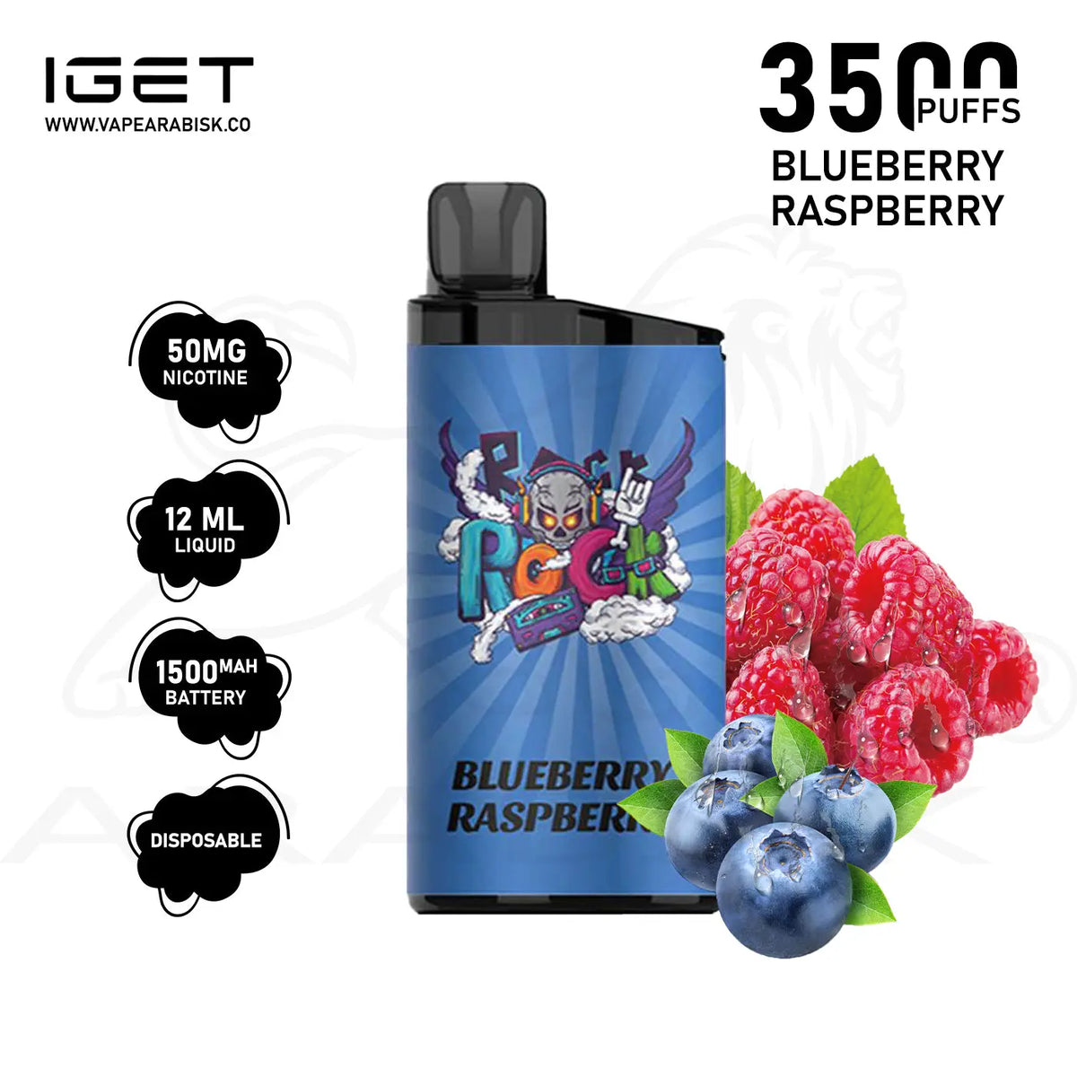 IGET BAR DISPOSABLE POD DEVICE 3500 PUFFS 50MG - BLUEBERRY RASPBERRY ...