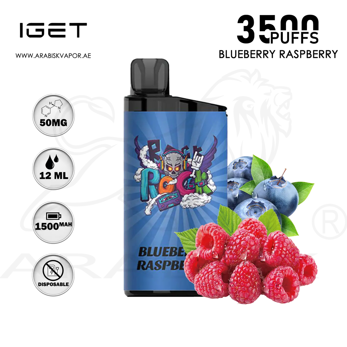 IGET BAR DISPOSABLE POD DEVICE 3500 PUFFS 50MG - BLUEBERRY RASPBERRY ...