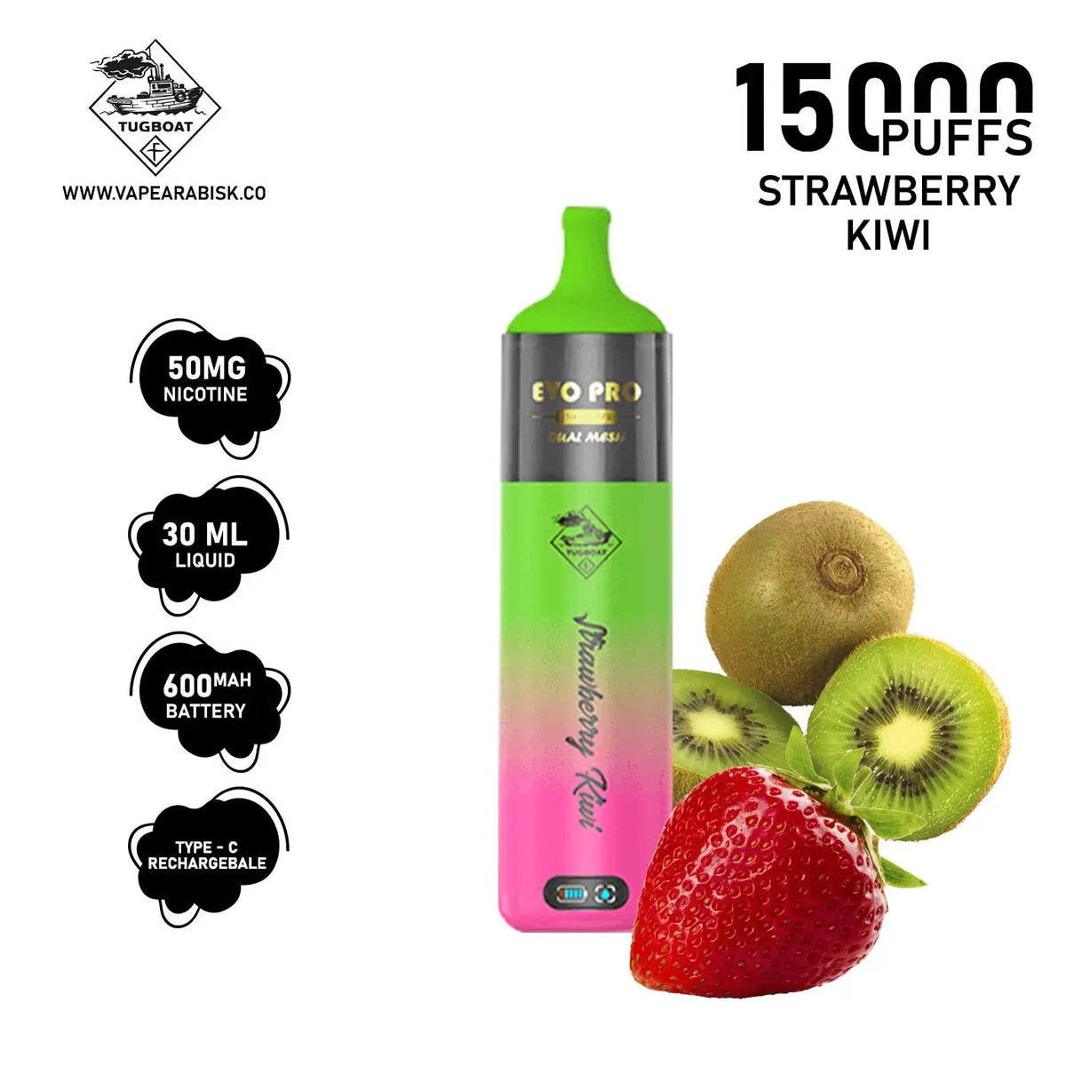 TUGBOAT EVO PRO 15000 PUFFS 50MG - STRAWBERRY KIWI – Arabisk Vape
