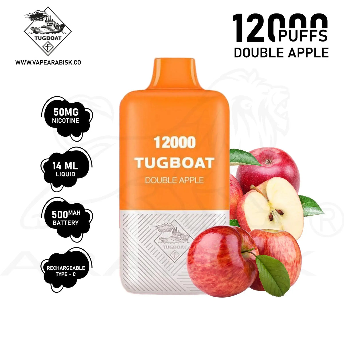 TUGBOAT SUPER POD KIT 12000 PUFFS 50MG - DOUBLE APPLE - Arabisk Vape