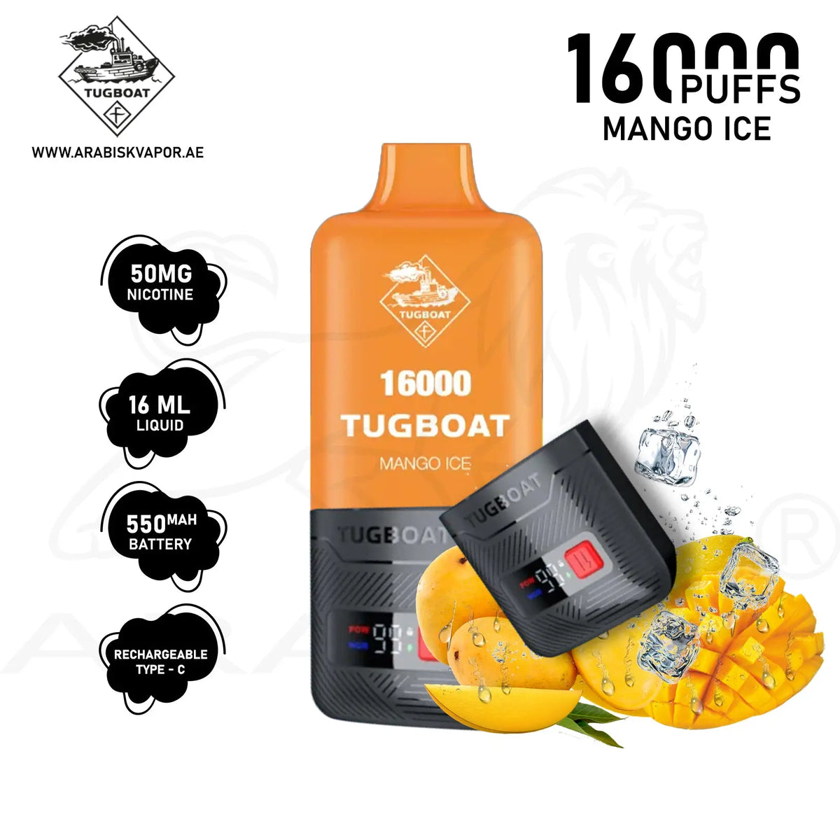 TUGBOAT SUPER POD & MOD 16000 PUFFS 50MG - MANGO ICE - Arabisk Vape