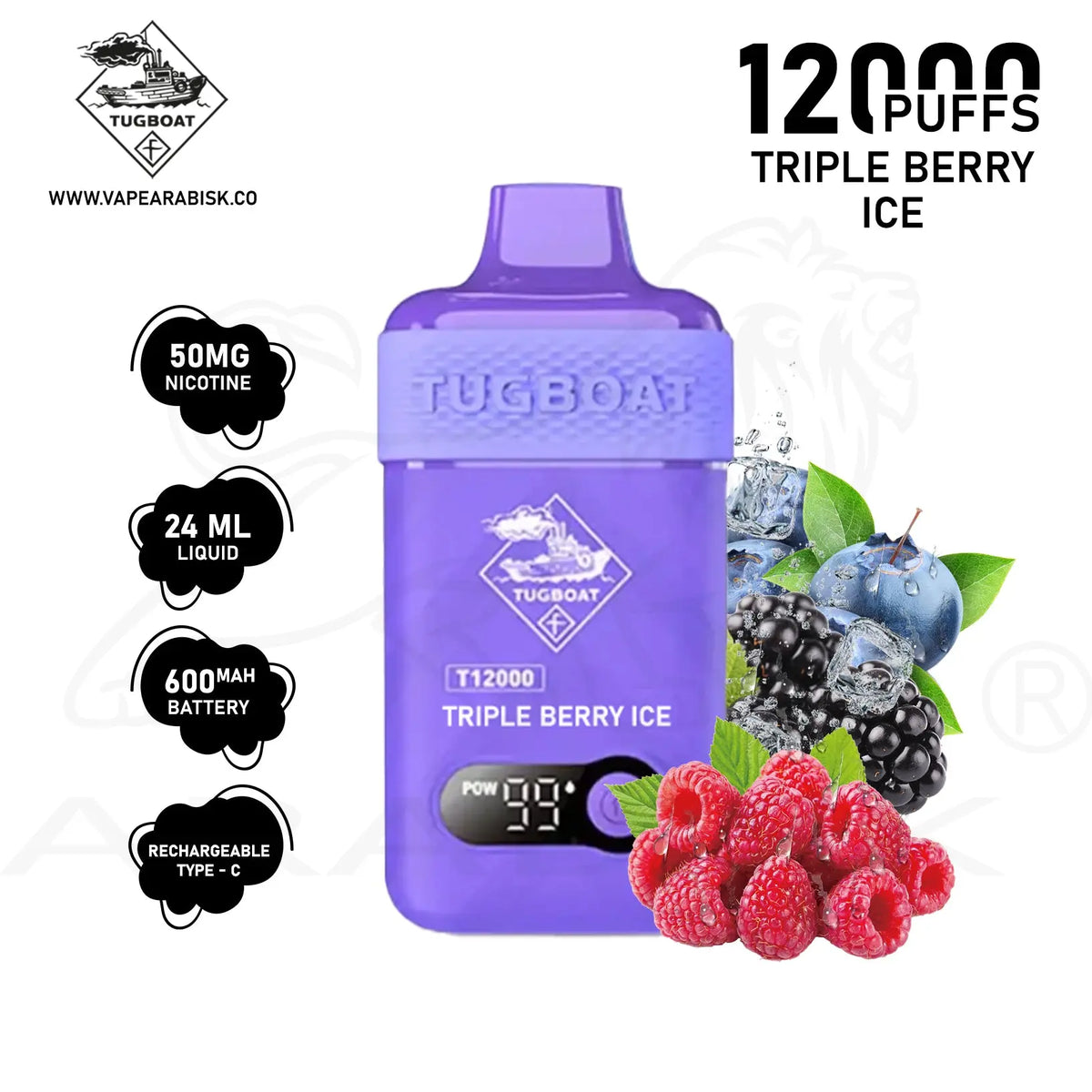 TUGBOAT T12000 PUFFS 50MG - TRIPLE BERRY ICE | Disposable devices ...