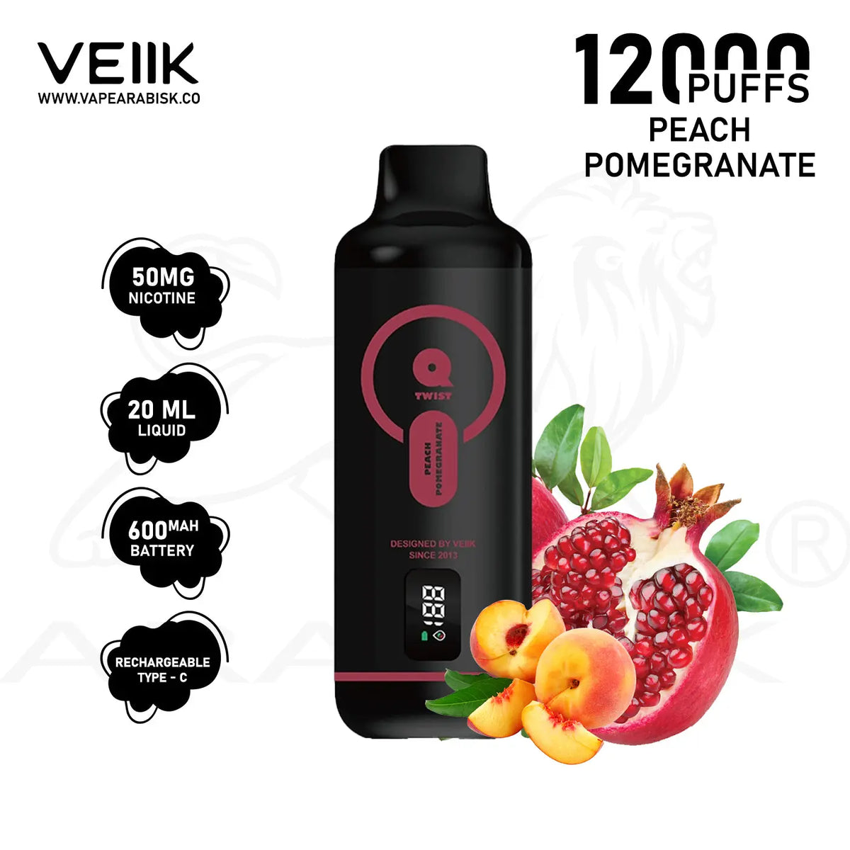 VEIIK TWIST 12000 PUFFS 50MG - PEACH POMEGRANATE – Arabisk Vape
